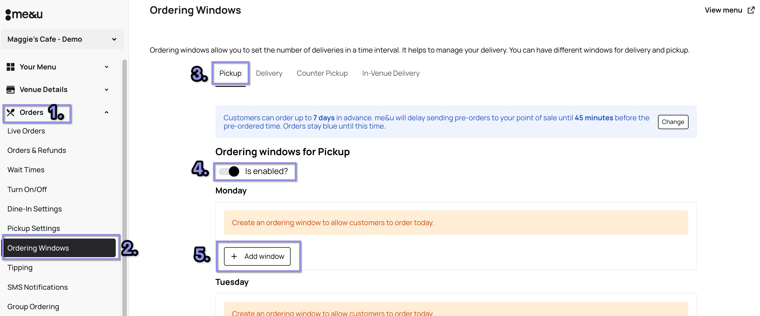 How to add or remove Ordering Windows – me&u
